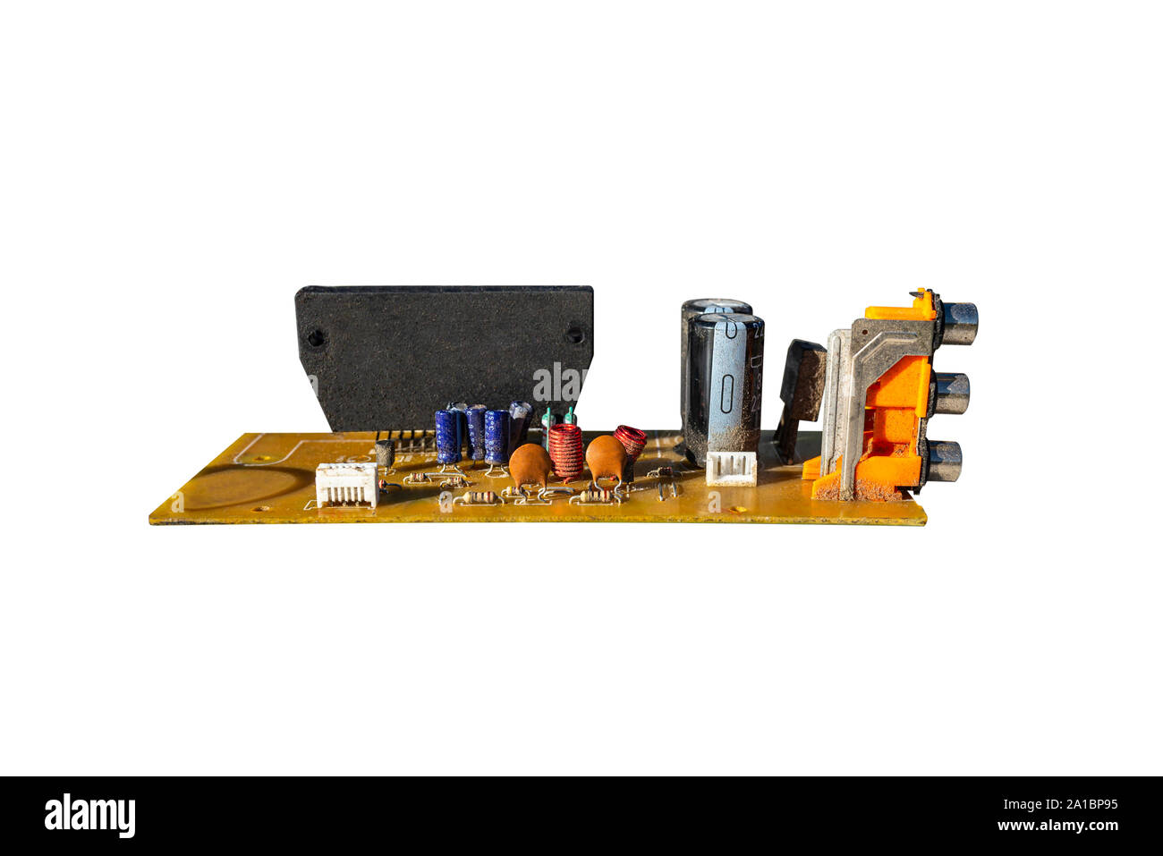 Electric board with visible capacitors, resistors and audio-video ...