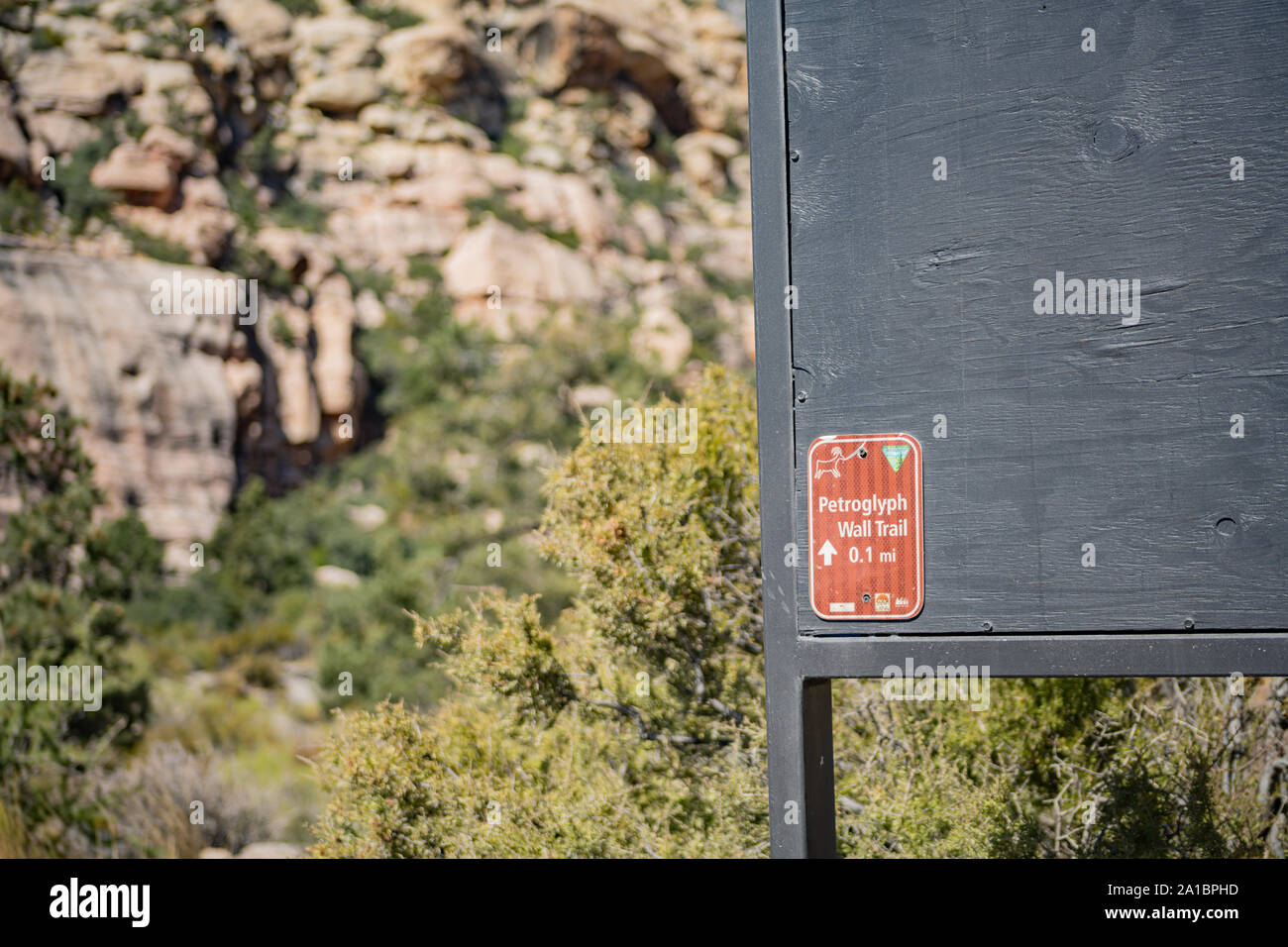 Petroglyphs Wall Trail entrance sign in Red Rock Canyon at Nevada Stock ...
