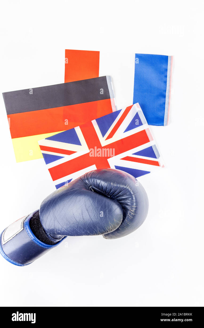 Creative top view flat lay of boxing glove with Germany France and ...