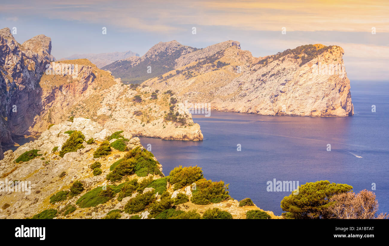 View from the Mirador Es Colomer to the cliffs of Formentor peninsula ...
