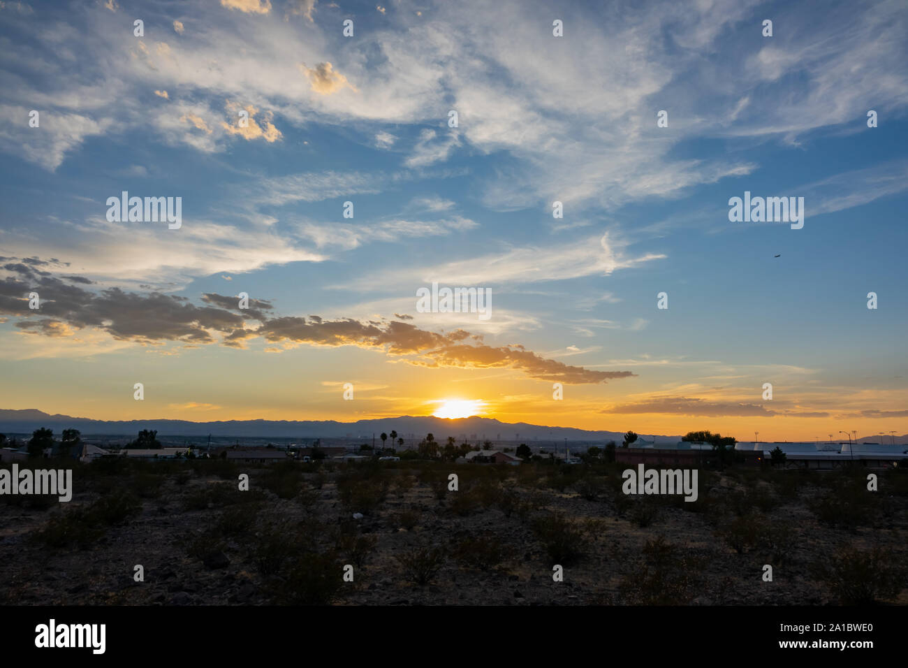 Aerial sunset high angle view of the downtown Las Vegas Strip at Nevada ...