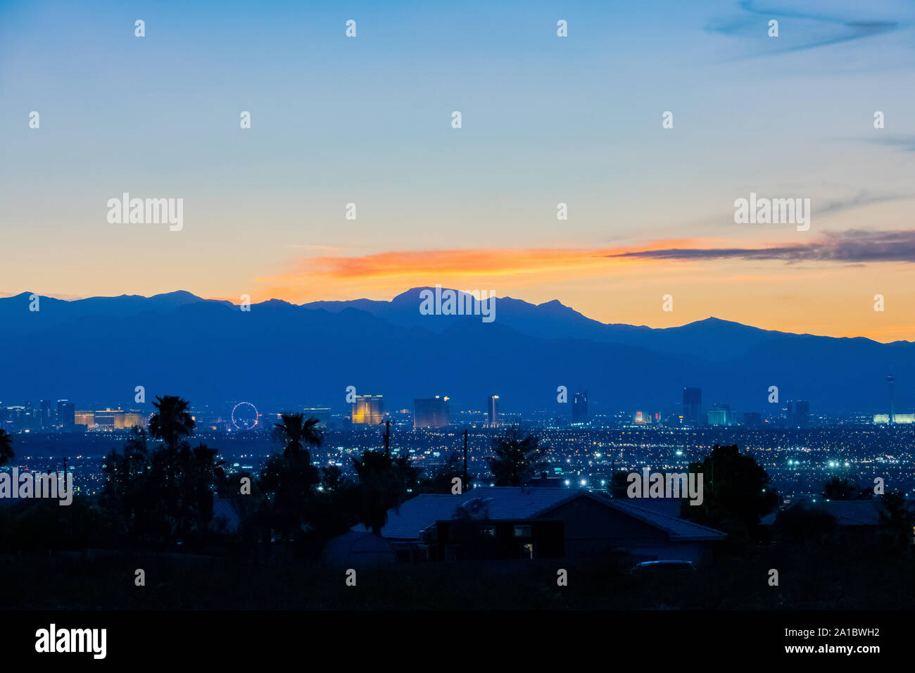 Aerial sunset high angle view of the downtown Las Vegas Strip at Nevada ...