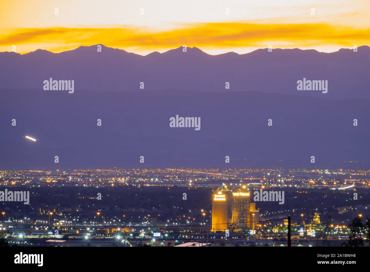Aerial sunset high angle view of the downtown Las Vegas Strip at Nevada ...