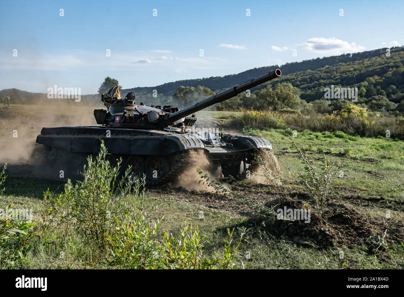 Fast moving Slovak T-72 tank during historical staging of "Karpaty 1944 ...