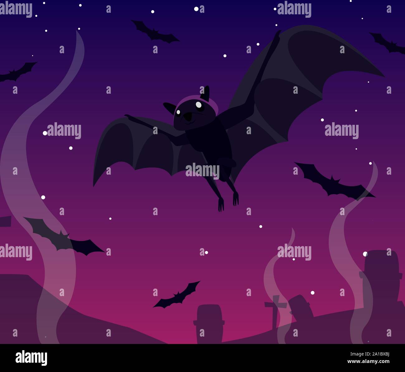 bats flying in scene of halloween vector illustration design Stock ...