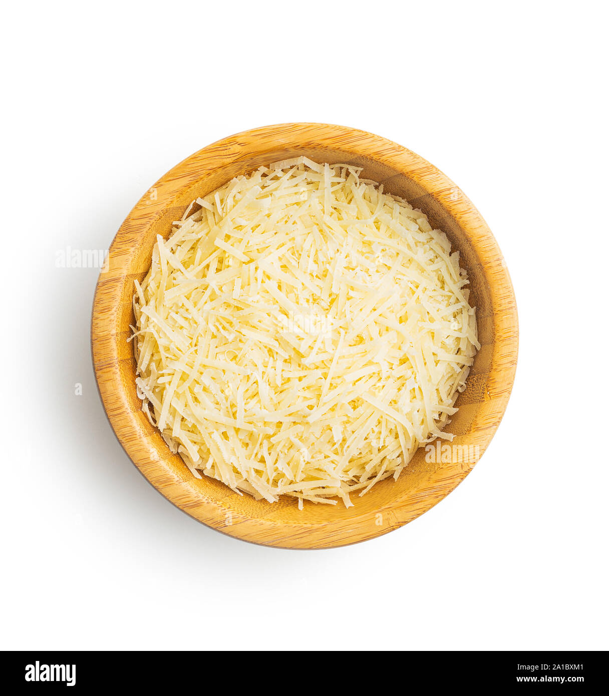 Tasty grated cheese. Parmesan cheese in bowl isolated on white ...