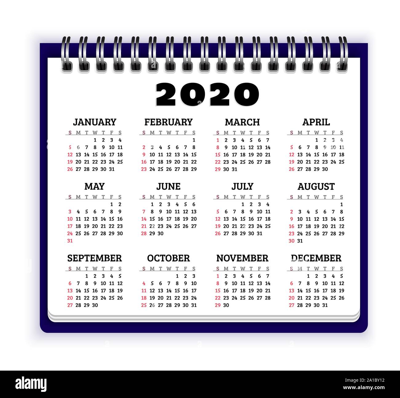 Notebook paper with calendar for 2020 year. Week starts from sunday ...