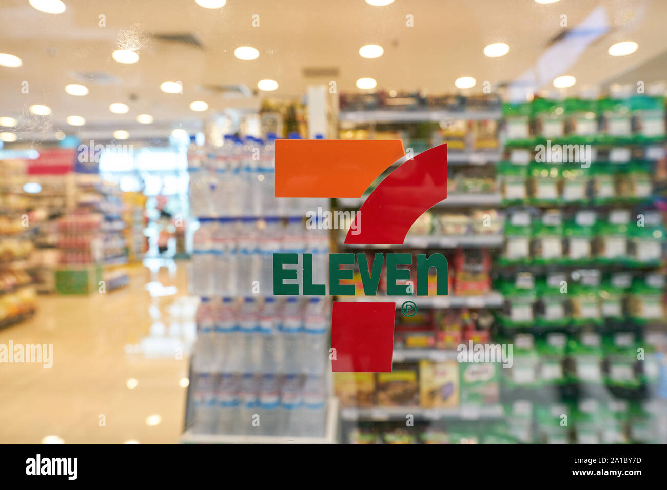 SINGAPORE - CIRCA APRIL, 2019: close up shot of 7-Eleven sign at Changi ...