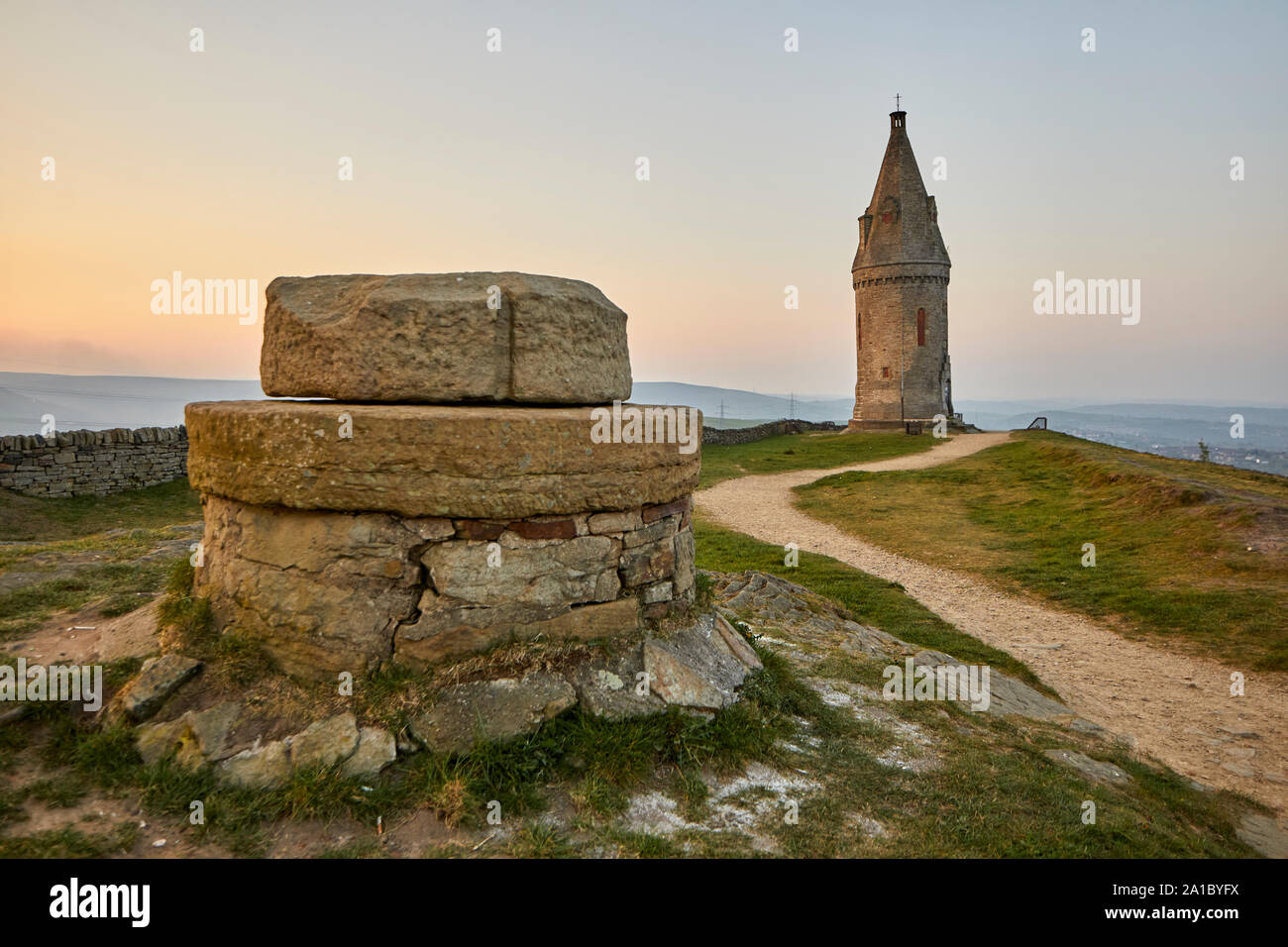 Tameside landmarks, circular Hartshead Pike Tower Grade II listed ...