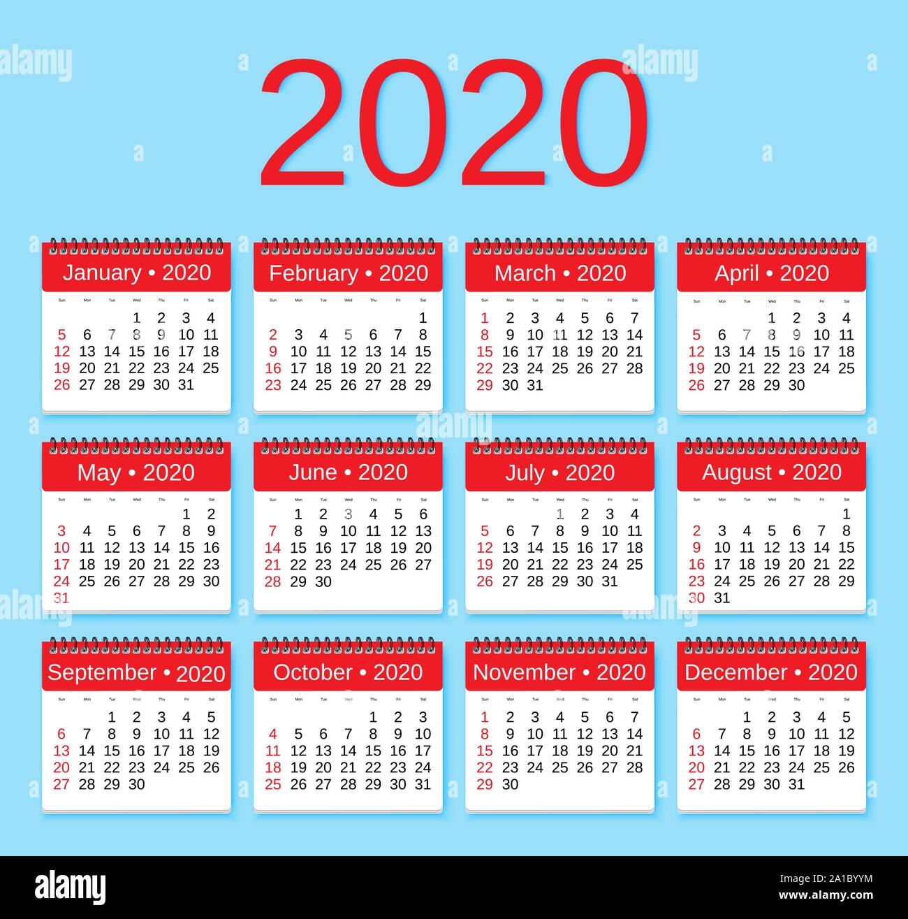 Calendar 2020 planner template. Set of 12 Months. Week starts from ...