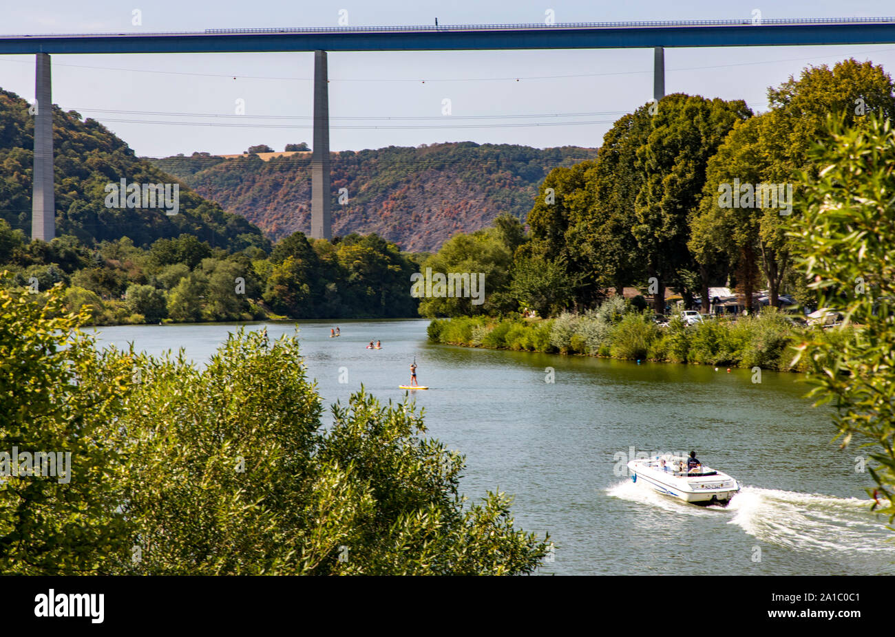 Mosel near Winningen, Niedermosel, motorway bridge of the A61 Stock ...