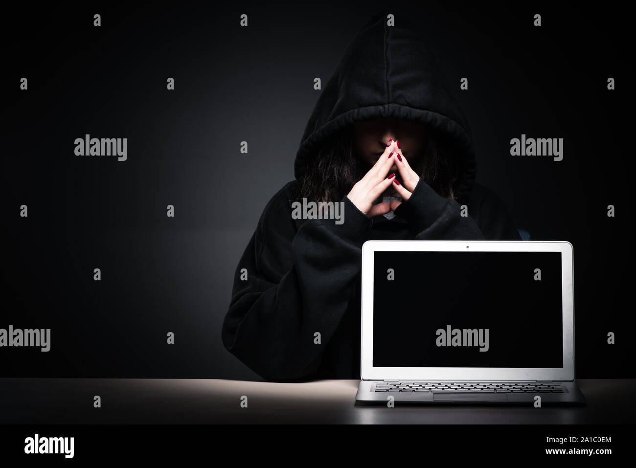 The female hacker hacking security firewall late in office Stock Photo ...