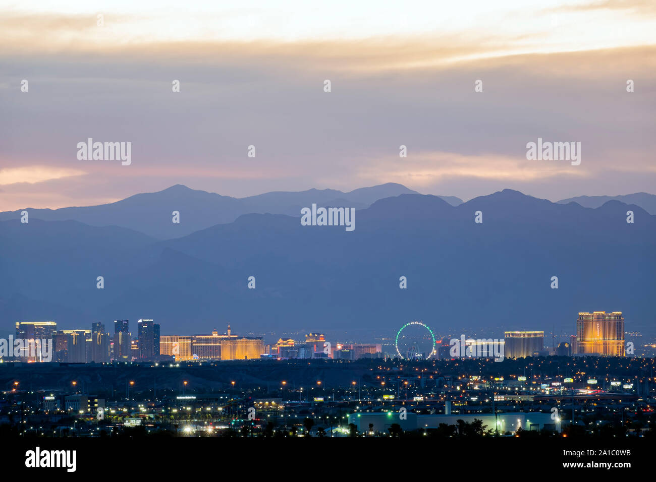 Aerial sunset high angle view of the downtown Las Vegas Strip at Nevada ...