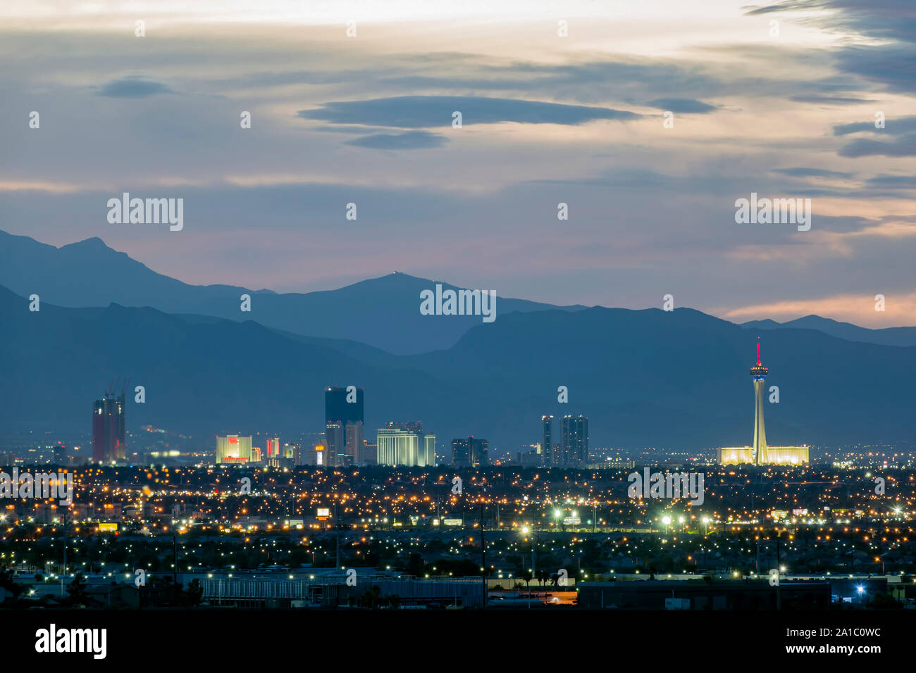 Aerial sunset high angle view of the downtown Las Vegas Strip at Nevada ...