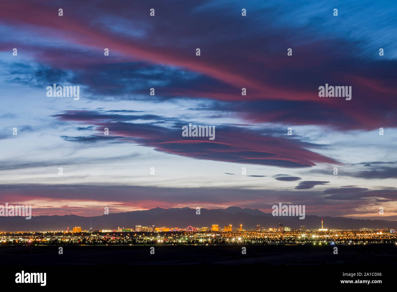 Aerial sunset high angle view of the downtown Las Vegas Strip at Nevada ...