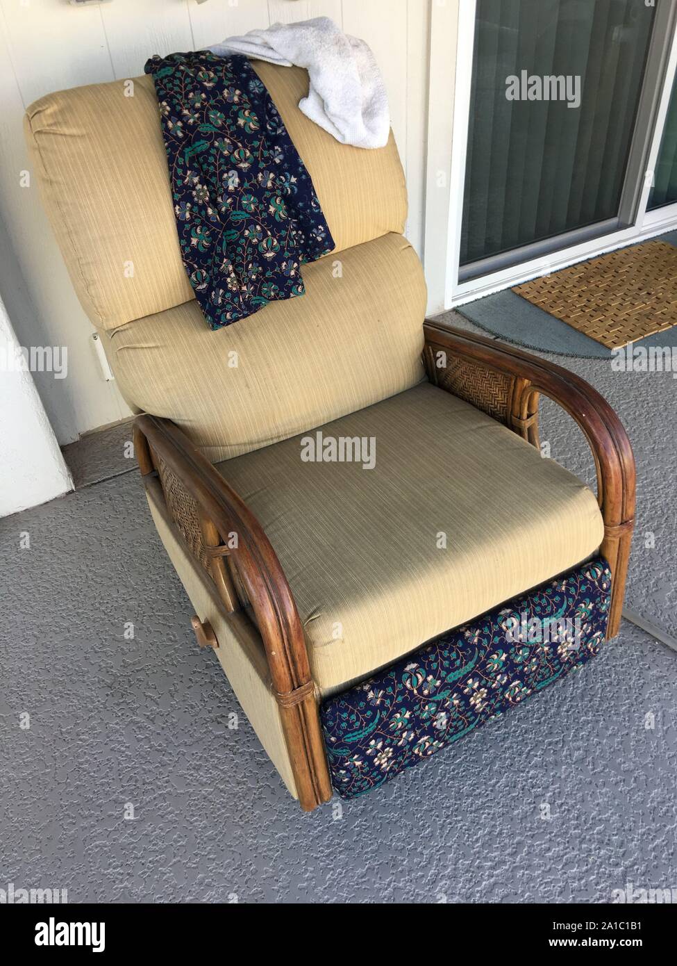 A reclining Lazeeboy chair in the initial stages of being recovered ...