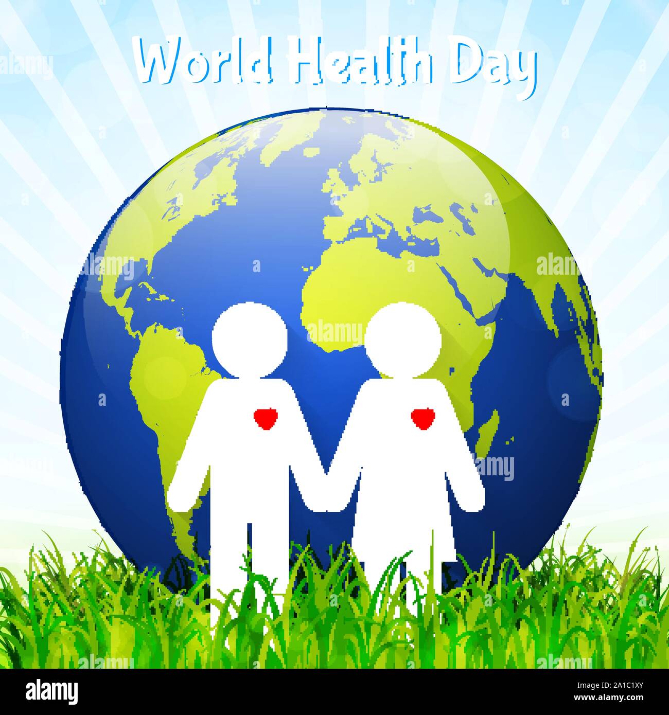 World Health Day vector background with globe and people on green grass ...
