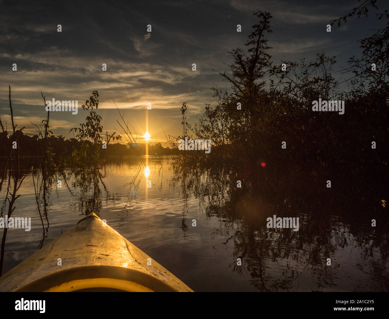 Amazonia. Sunset view seen from the kayak. Coati Lagoon near the Javari ...
