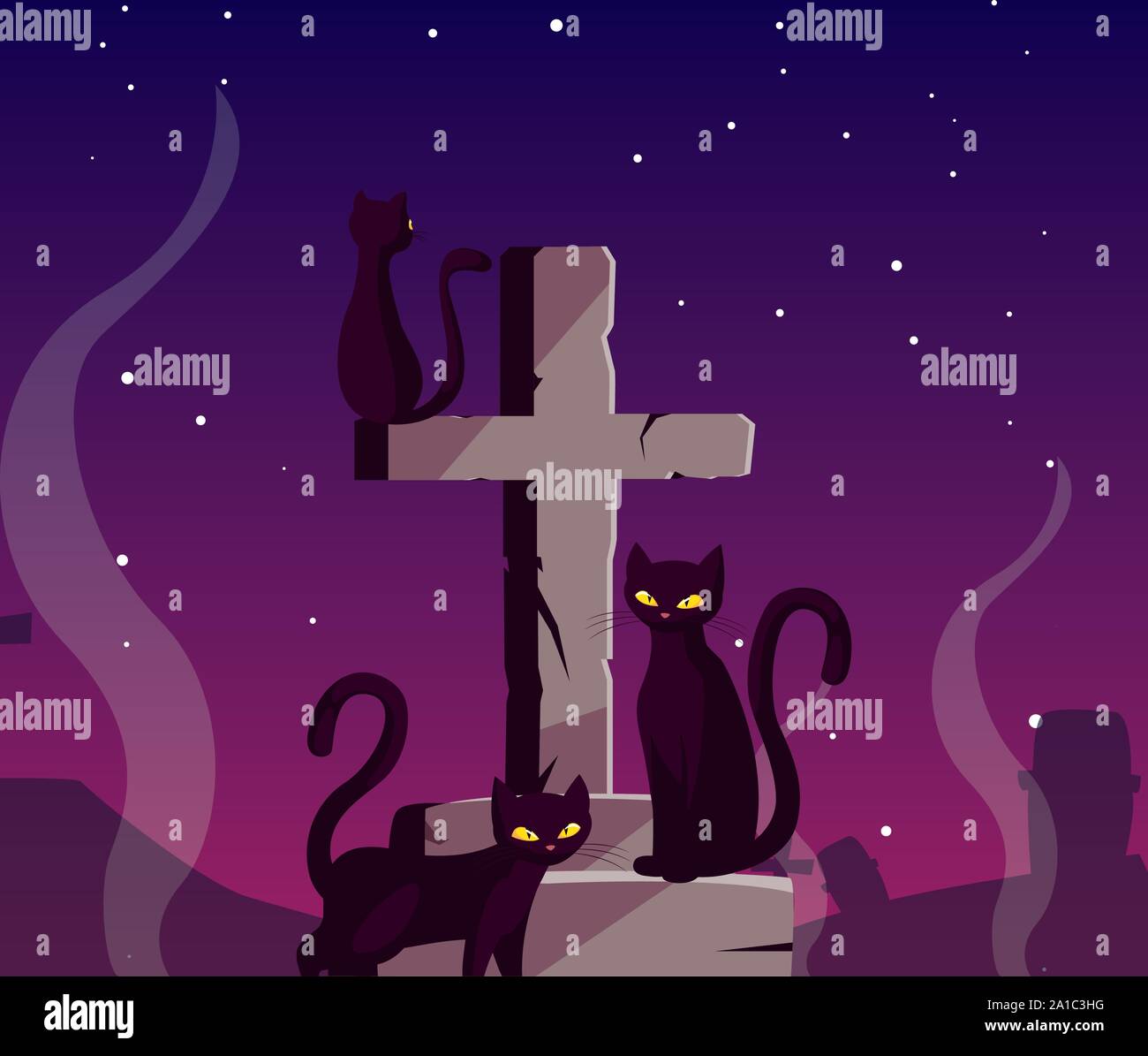 christian cross with black cats in scene of halloween vector ...