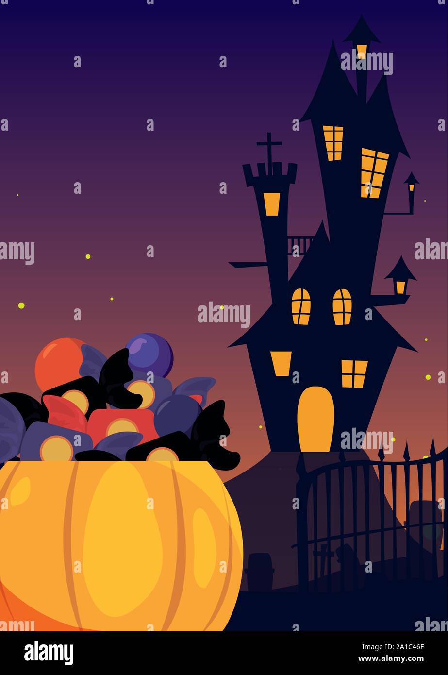 pumpkin with house of terror in scene of halloween vector illustration ...