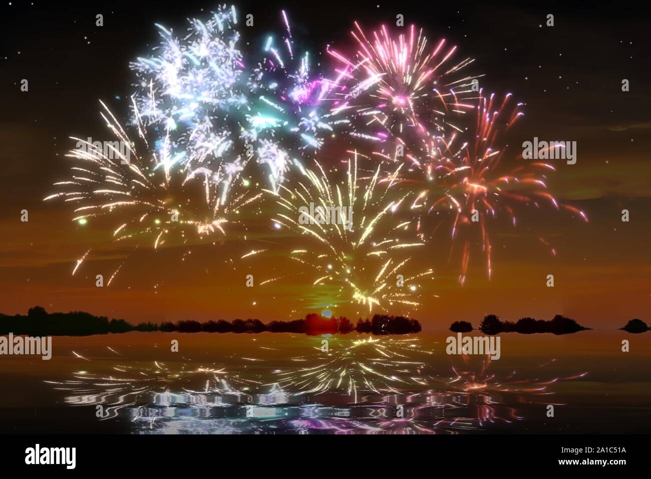 Colorful glowing celebration fireworks on a sunset sky Stock Photo - Alamy