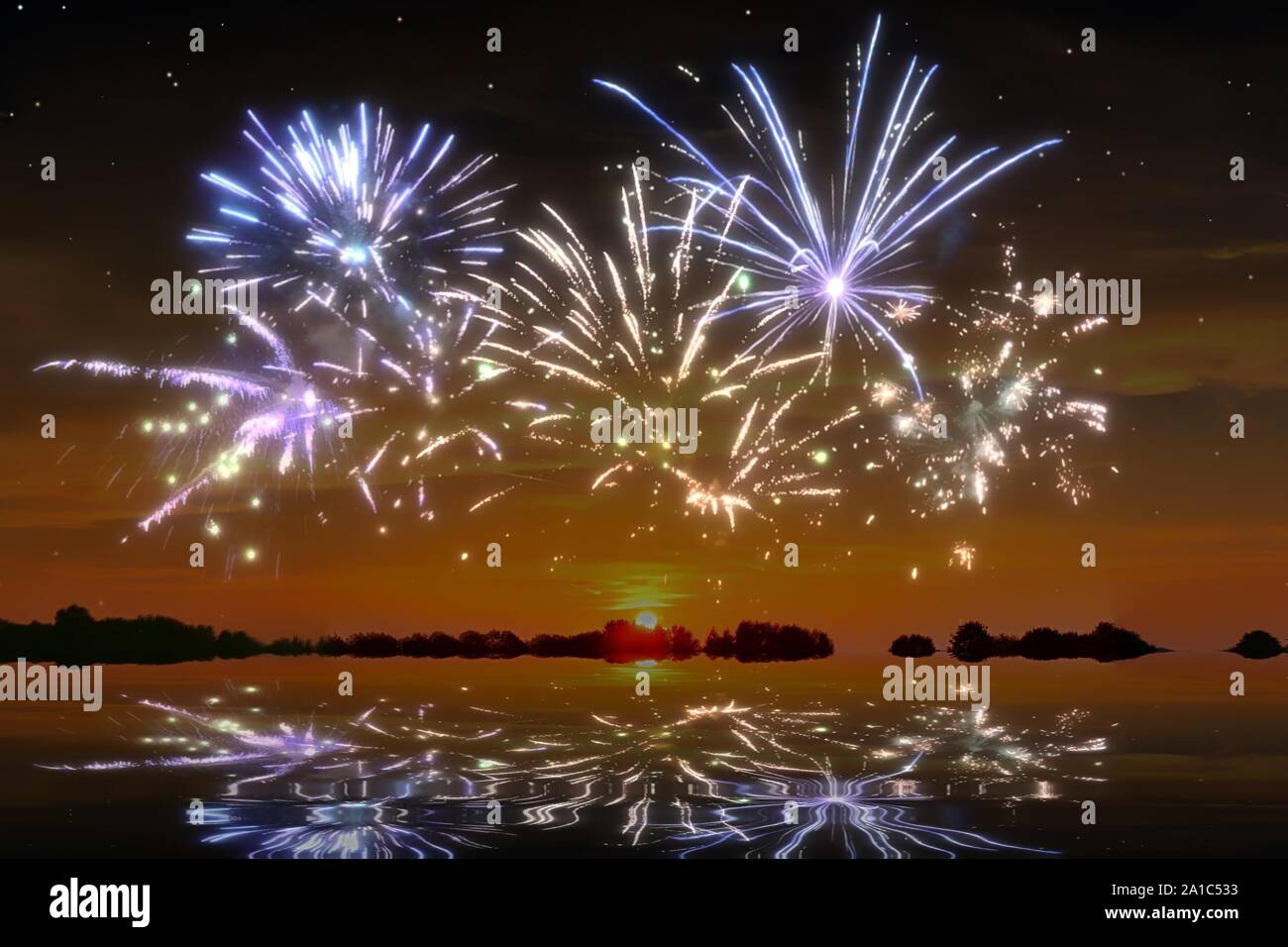 Colorful glowing celebration fireworks on a sunset sky Stock Photo - Alamy