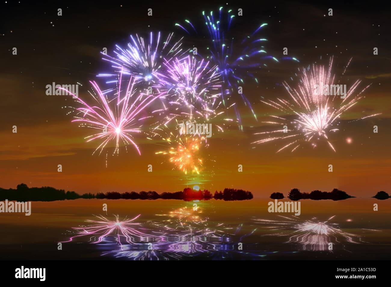 Colorful glowing celebration fireworks on a sunset sky Stock Photo - Alamy