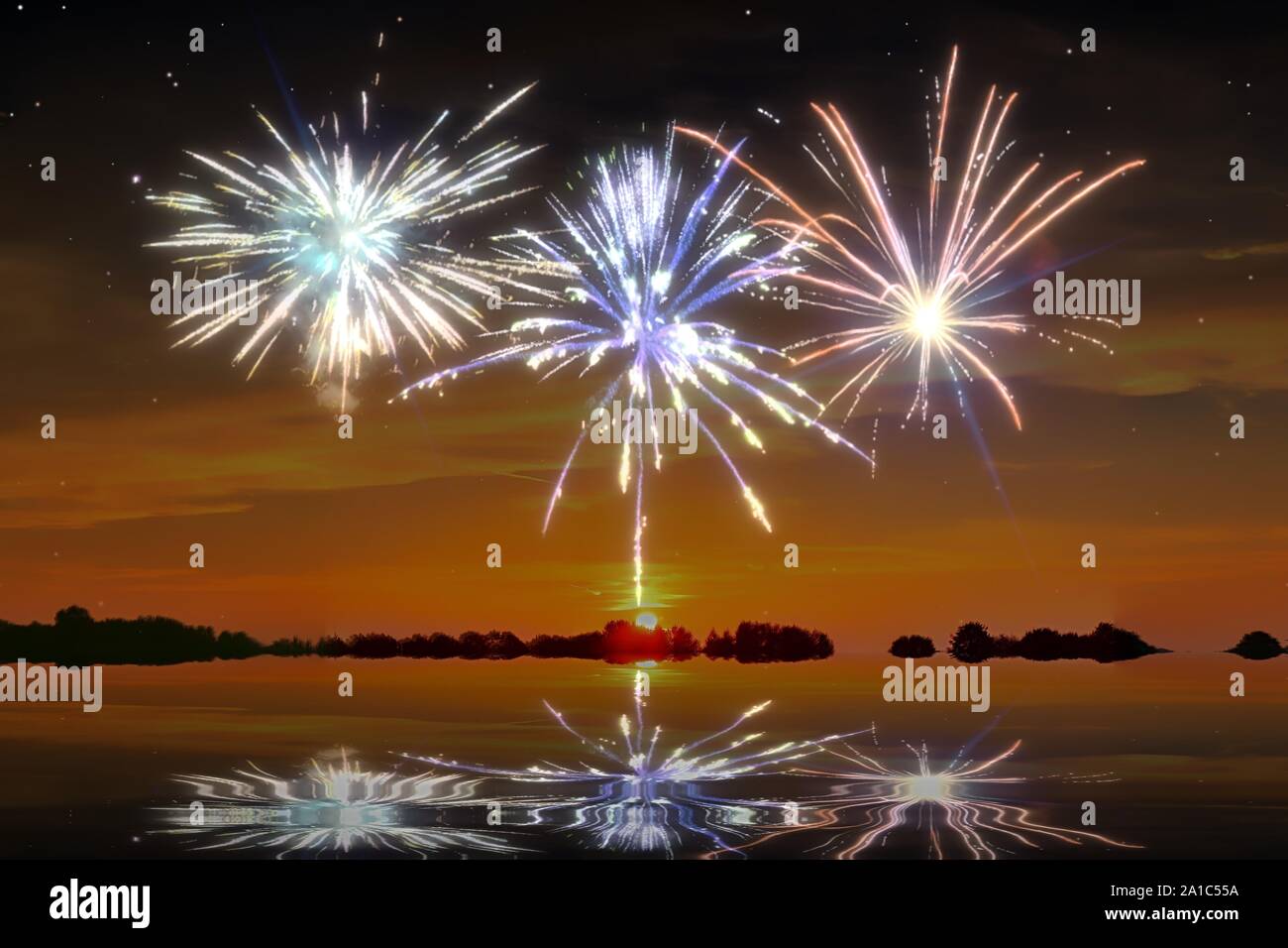 Colorful glowing celebration fireworks on a sunset sky Stock Photo - Alamy