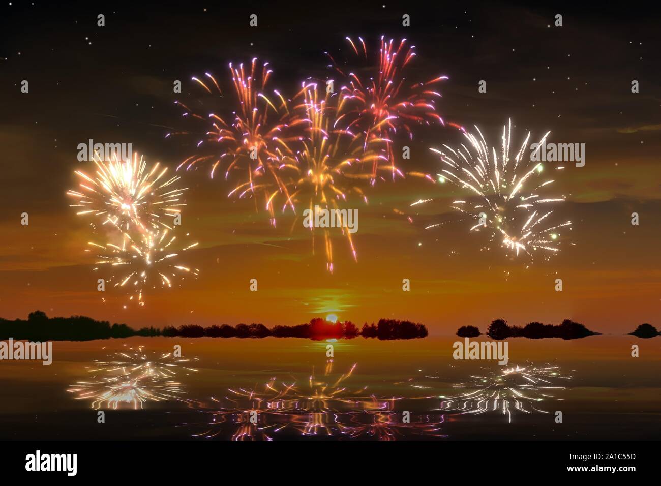 Colorful glowing celebration fireworks on a sunset sky Stock Photo - Alamy