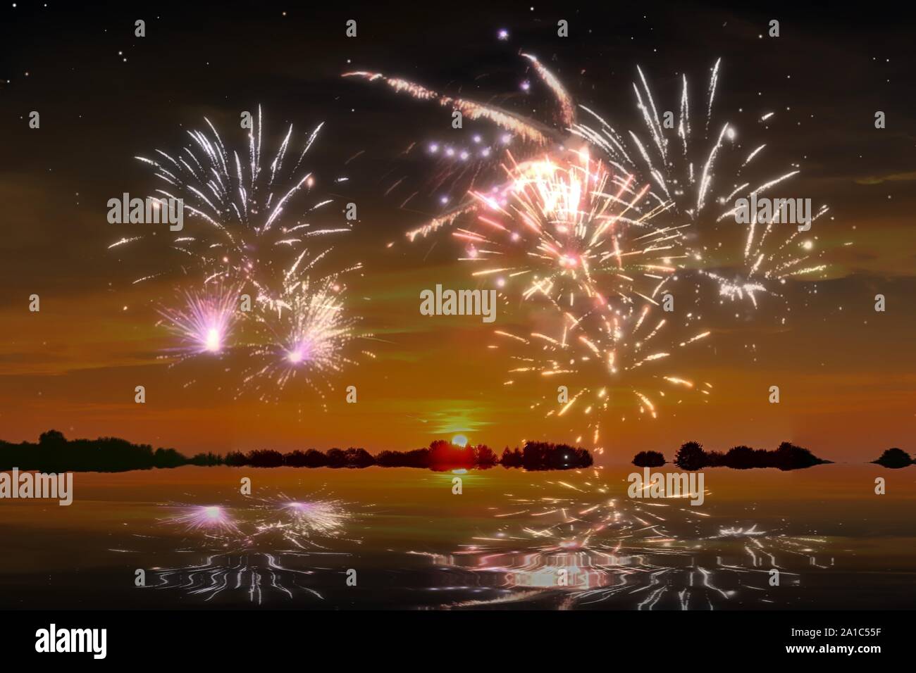 Colorful glowing celebration fireworks on a sunset sky Stock Photo - Alamy