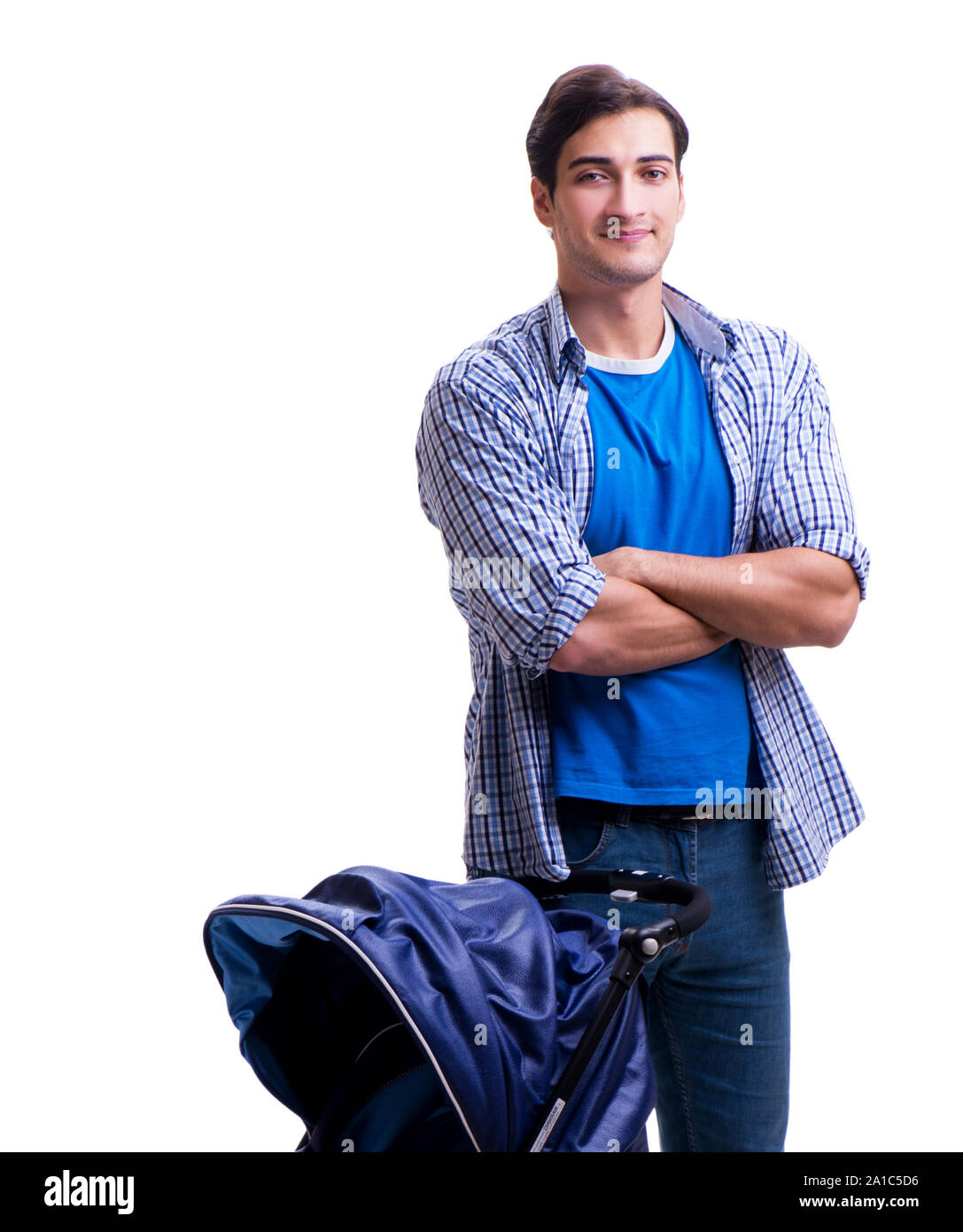 The young dad with baby pram isolated on white Stock Photo - Alamy