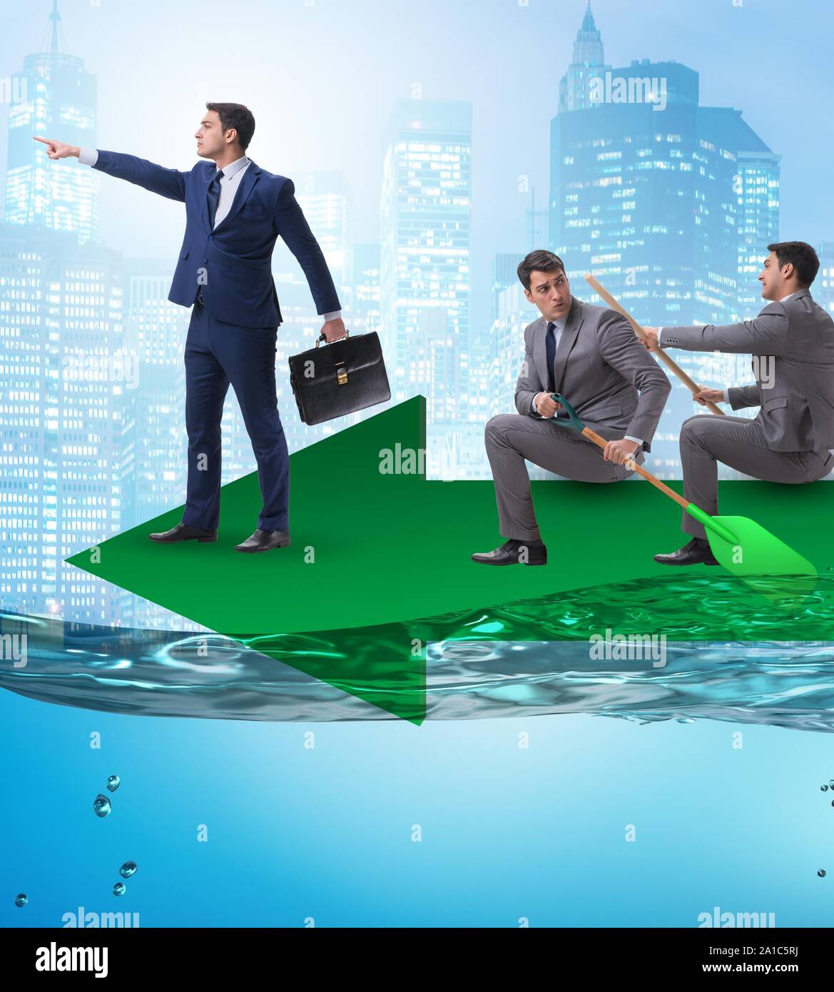 The teamwork concept with businessmen on boat Stock Photo - Alamy