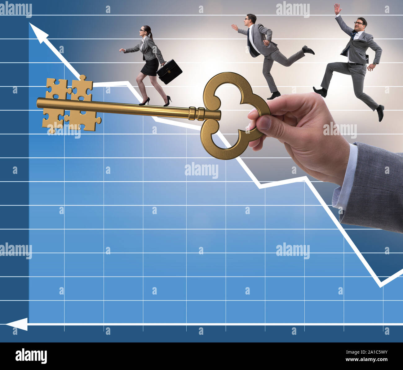 The business people chasing each other towards key to success Stock ...