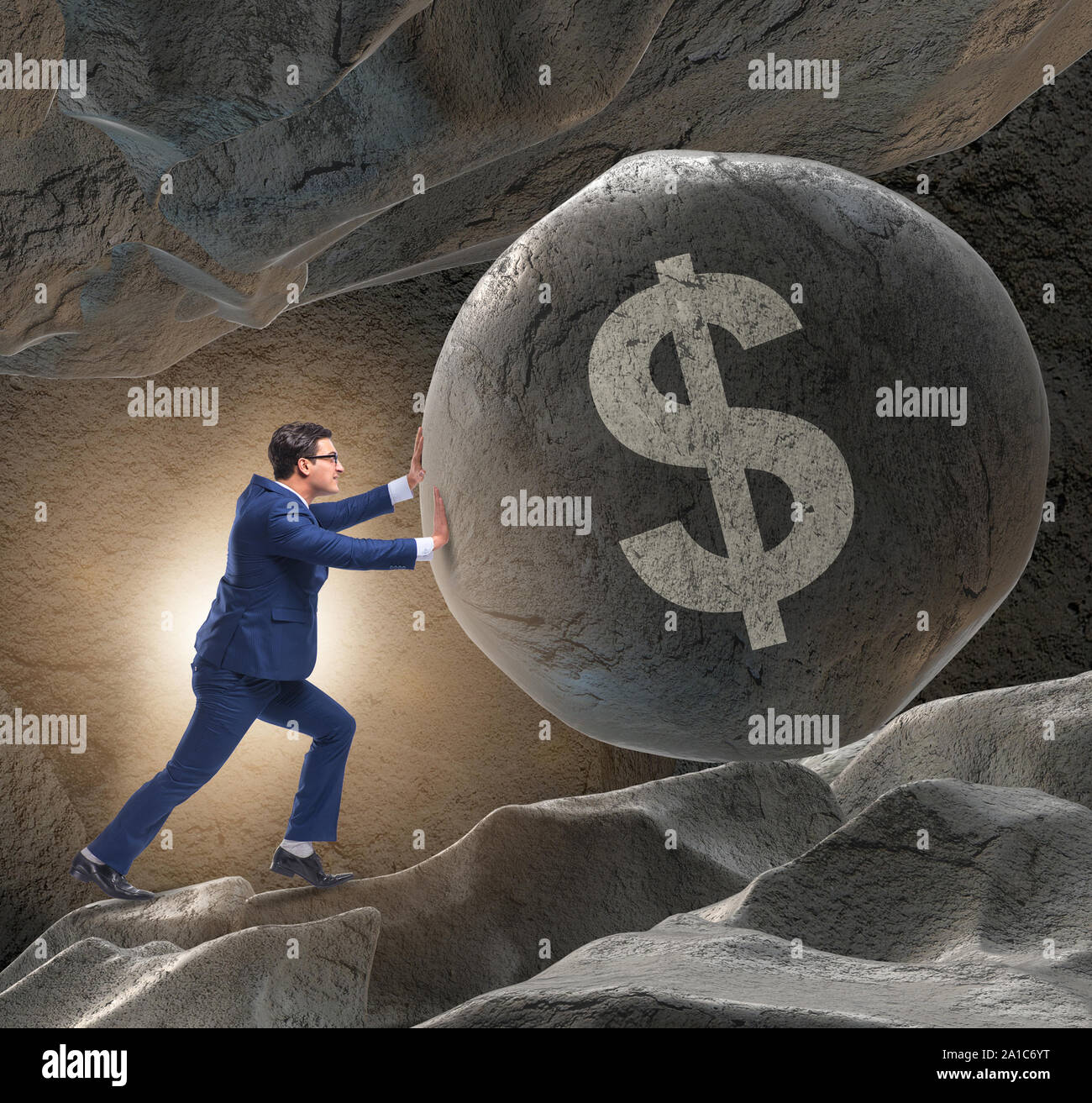 The businessman pushing dollar sign in business concept Stock Photo - Alamy