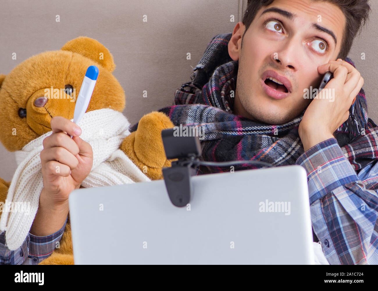 The sick man suffering from flu in the bed Stock Photo - Alamy