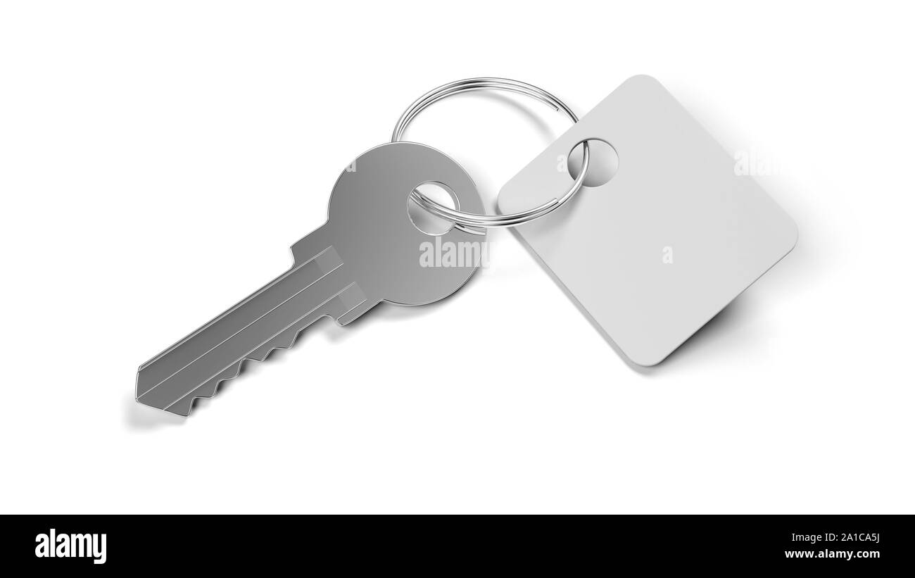 Key isolated on white background. White square blank plastic tag. White ...