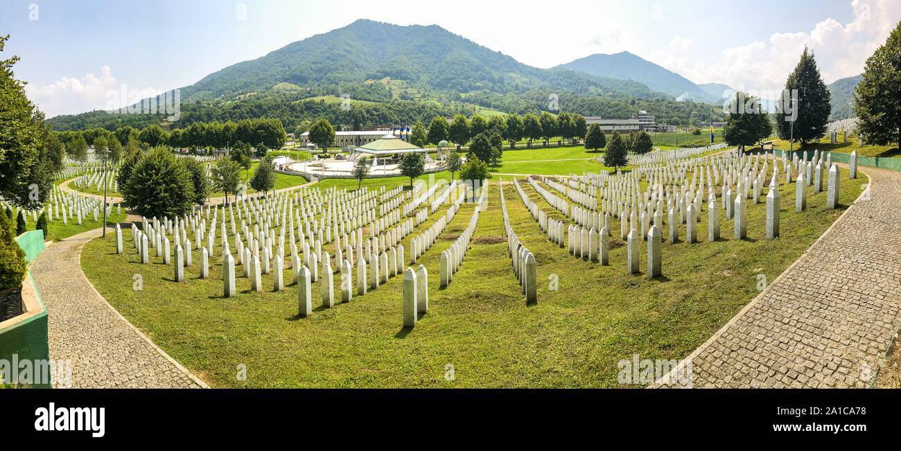 Potocari, Bosnia and Herzegovina - July 31, 2019. Panorama of site of Memorial to genocida in ...