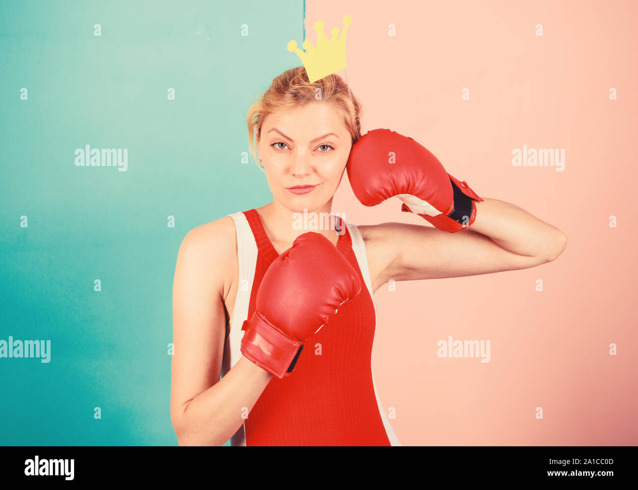 Queen of sport. Become best in boxing sport. Feminine tender blonde ...