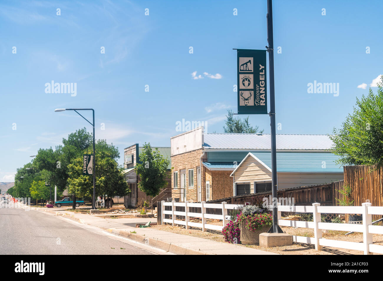 Rangely, USA - July 22, 2019: Colorado city with road street buildings ...