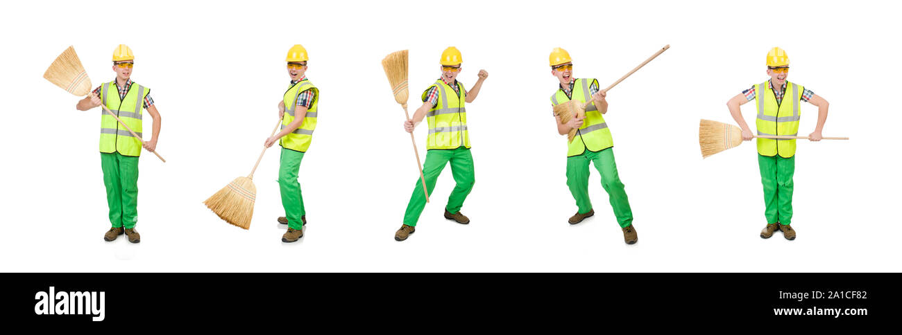 The funny janitor with broom isolated on white Stock Photo - Alamy