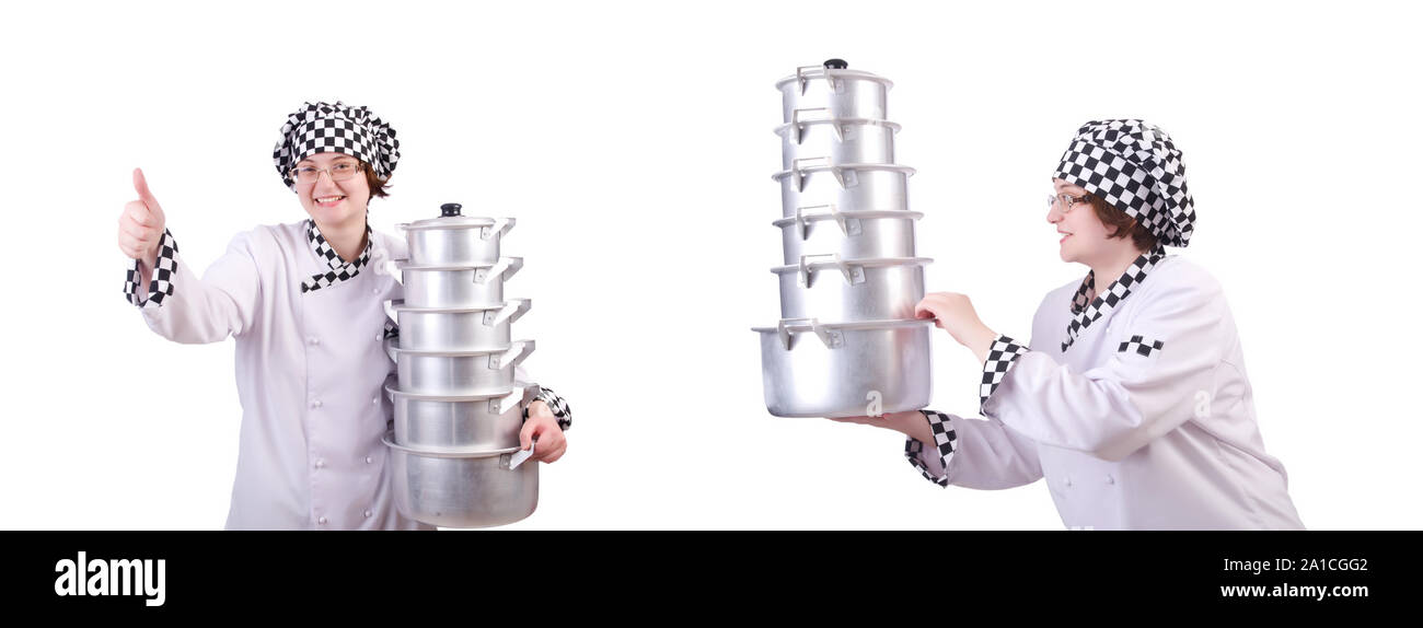 The cook with stack of pots on white Stock Photo - Alamy