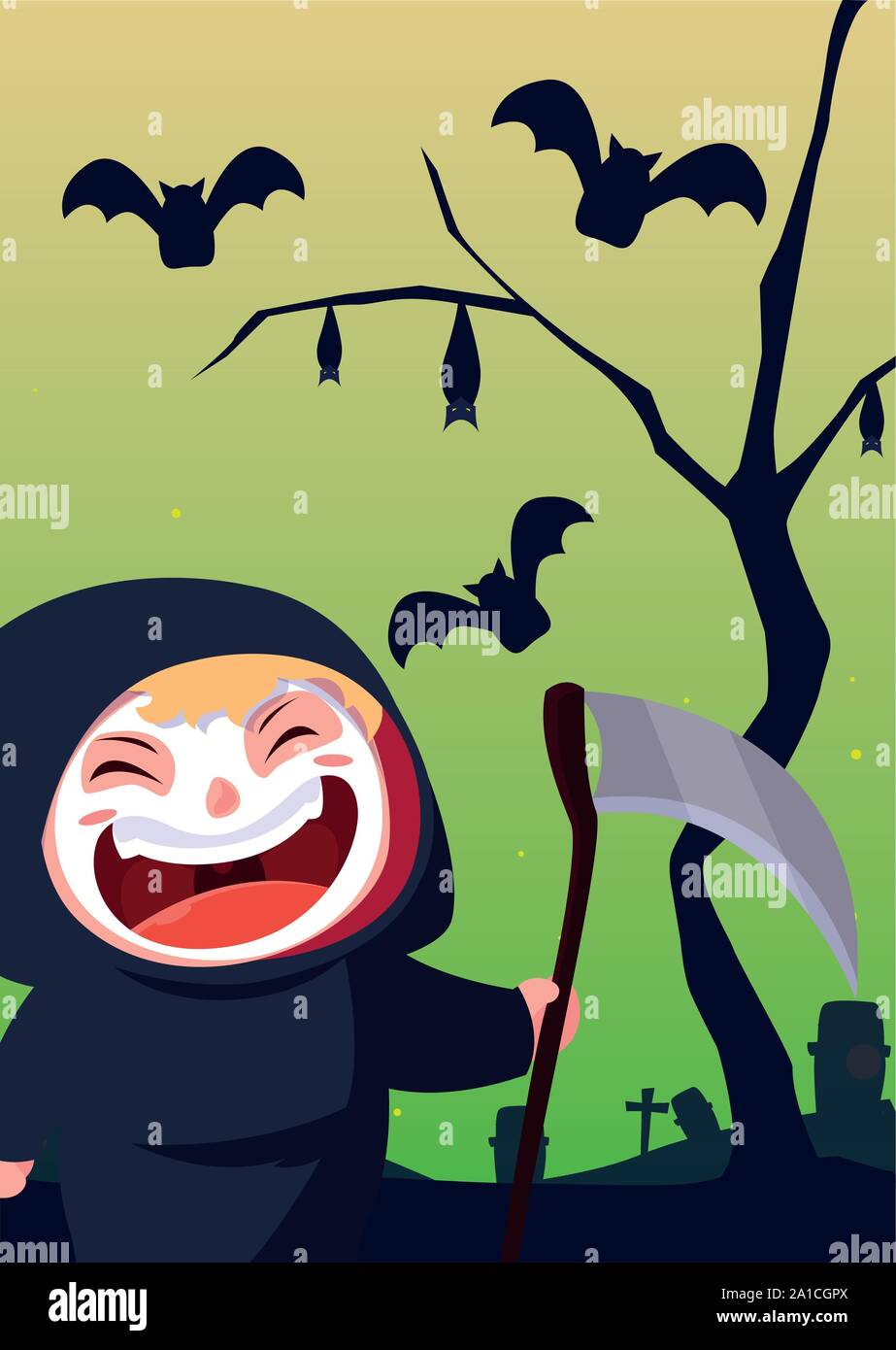 cute boy disguised of death in scene of halloween vector illustration ...