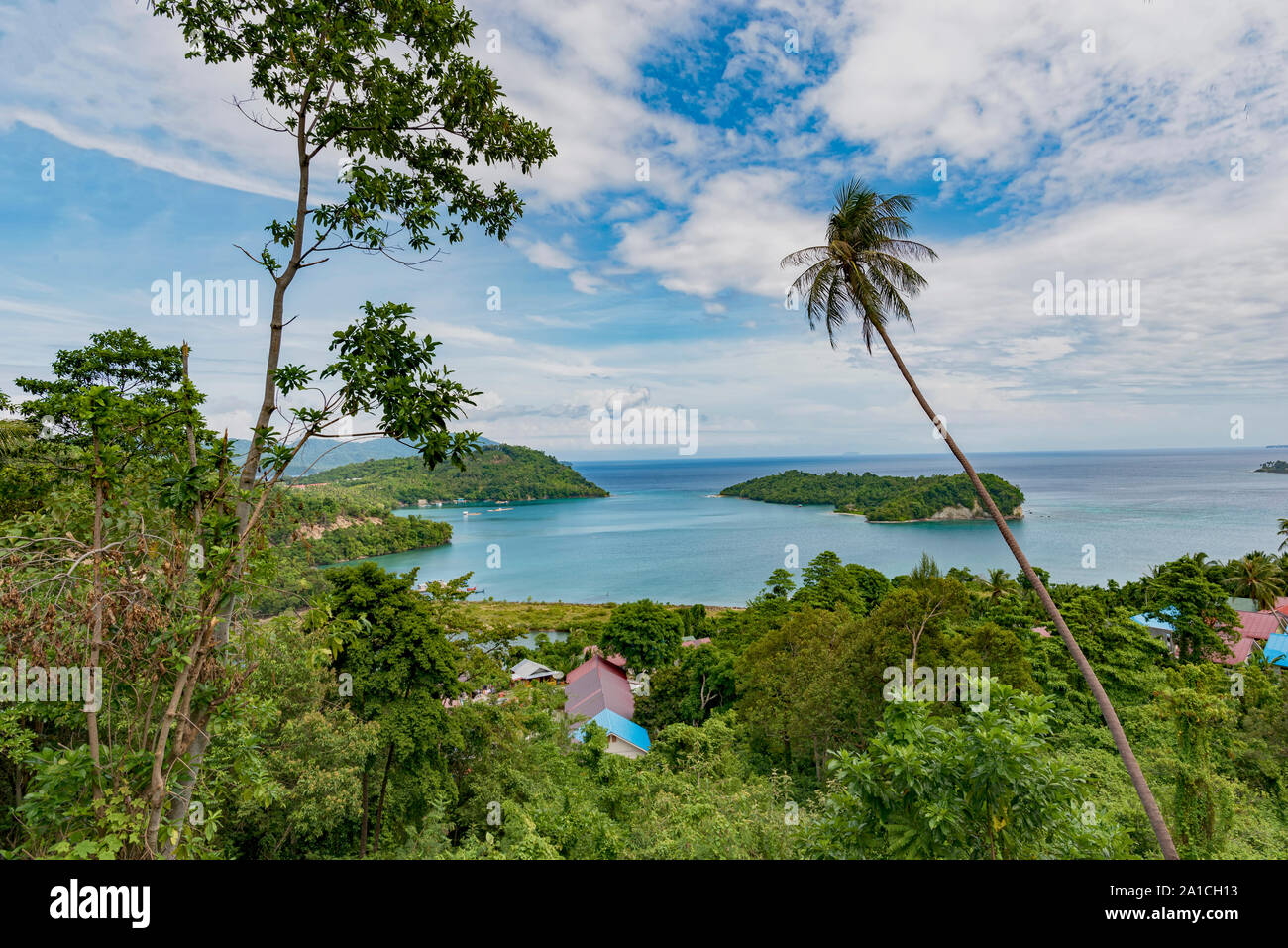 Tropical beach view from above, coconut tree and beautiful blue sky ...