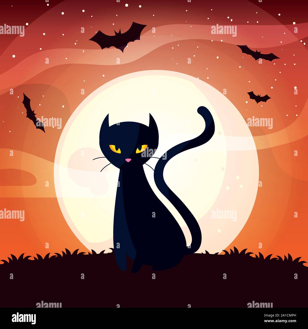 black cat with moon in scene of halloween vector illustration design ...