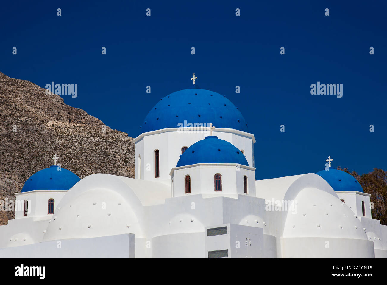 The Church of Holy Cross in the central square of Perissa on Santorini ...