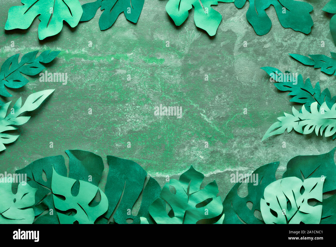 Paper craft background, frame with exotic tropical leaves with text ...