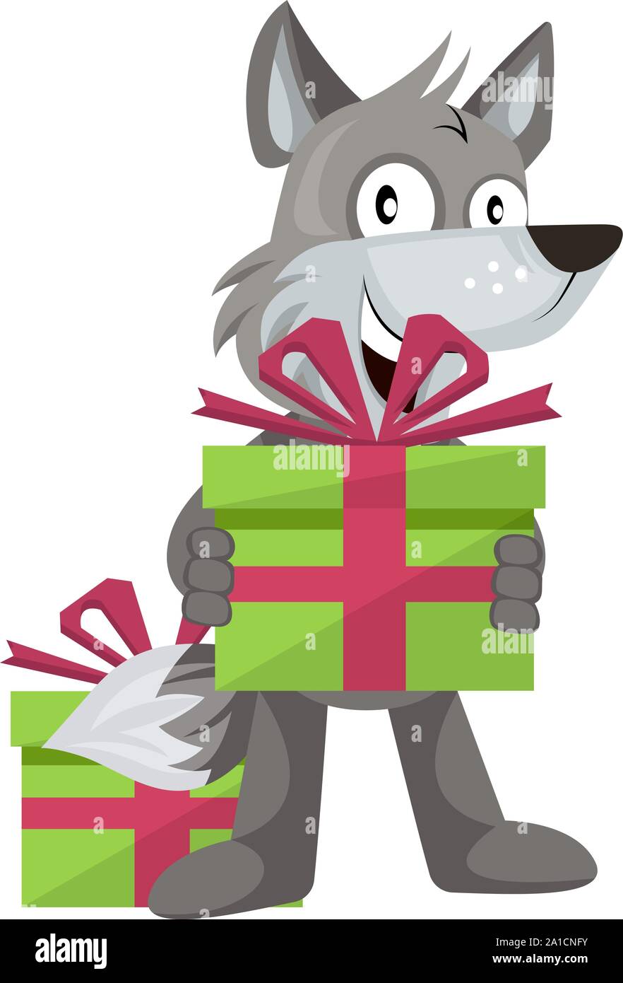 Wolf with birthday present, illustration, vector on white background ...