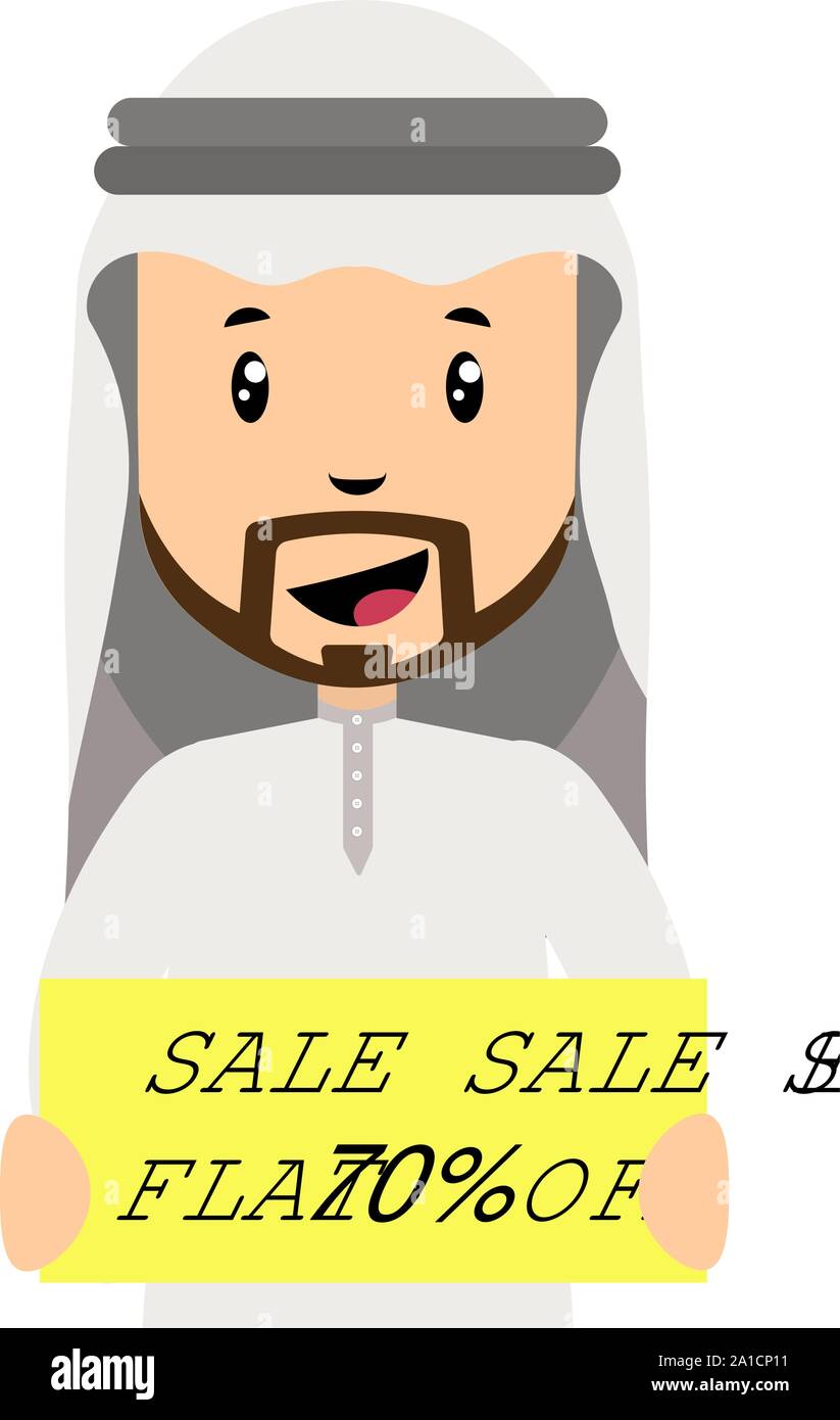 Arab men with sale sign, illustration, vector on white background Stock ...