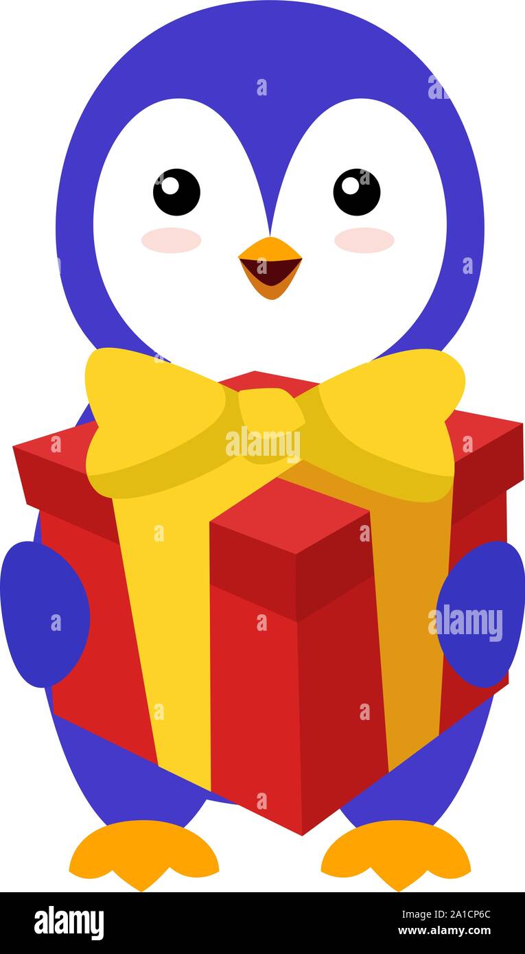 Penguin with birthday present, illustration, vector on white background ...