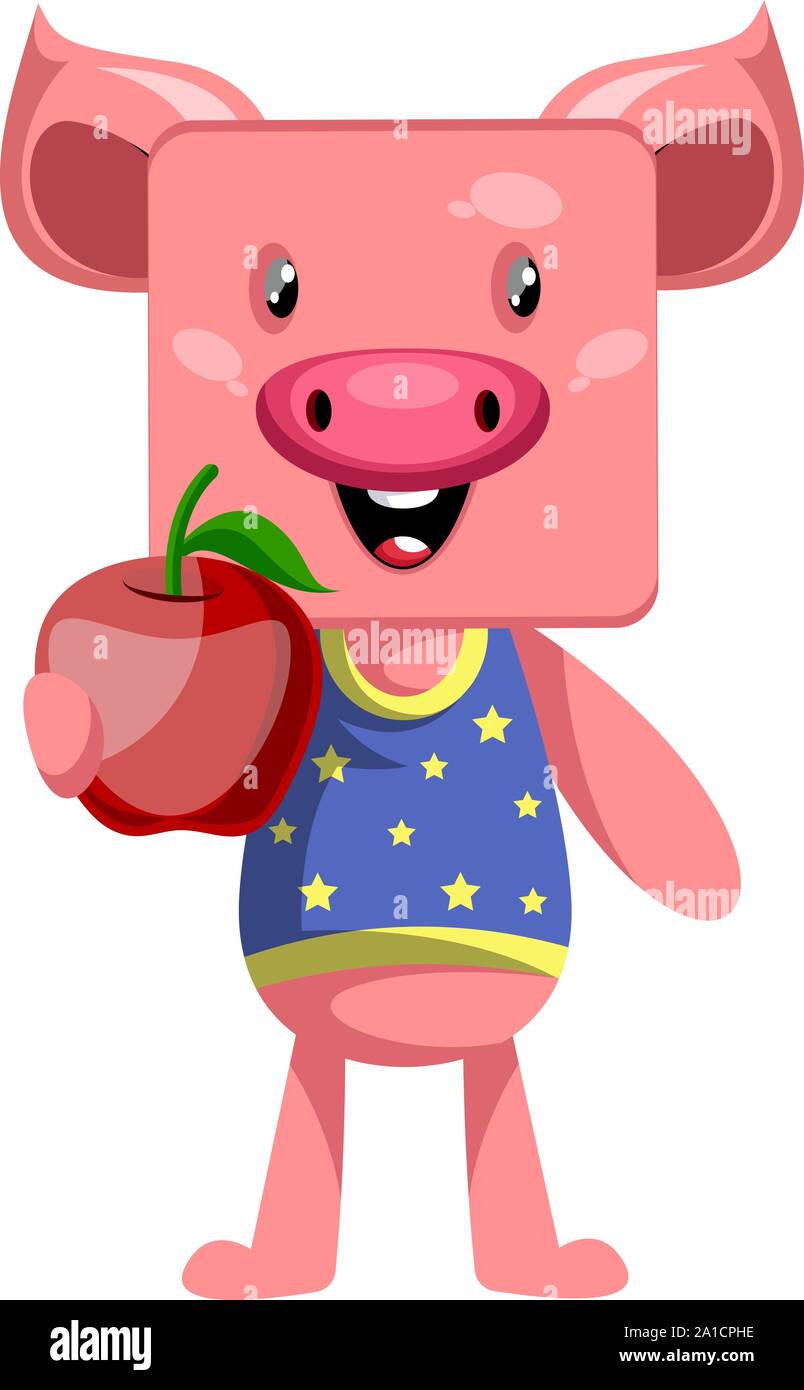 Pig with apple, illustration, vector on white background Stock Vector ...